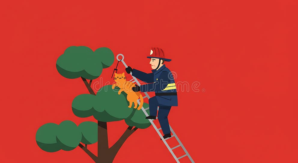Firefighter Rescuing a Cat from a Tree Stock Illustration ...