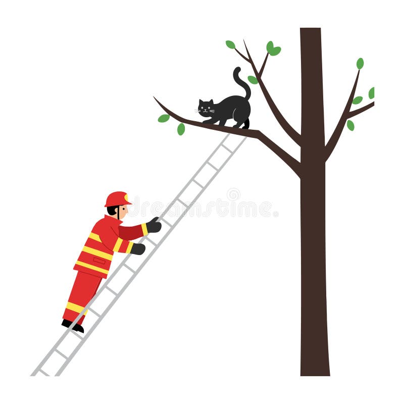 Firefighter Rescuing a Cat from a Tree in Flat Vector Art Stock Vector ...