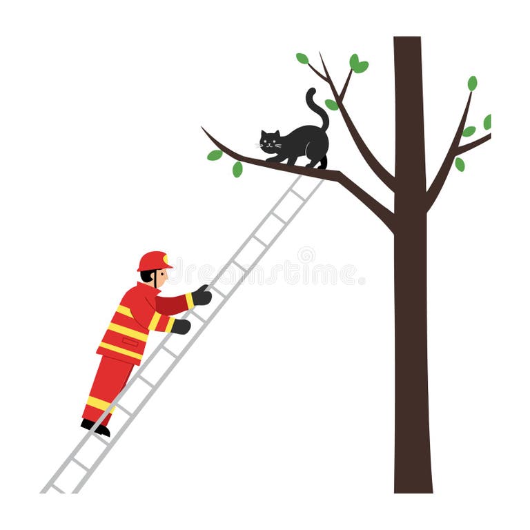Firefighter Rescuing a Cat from a Tree in Flat Vector Art Stock Vector ...