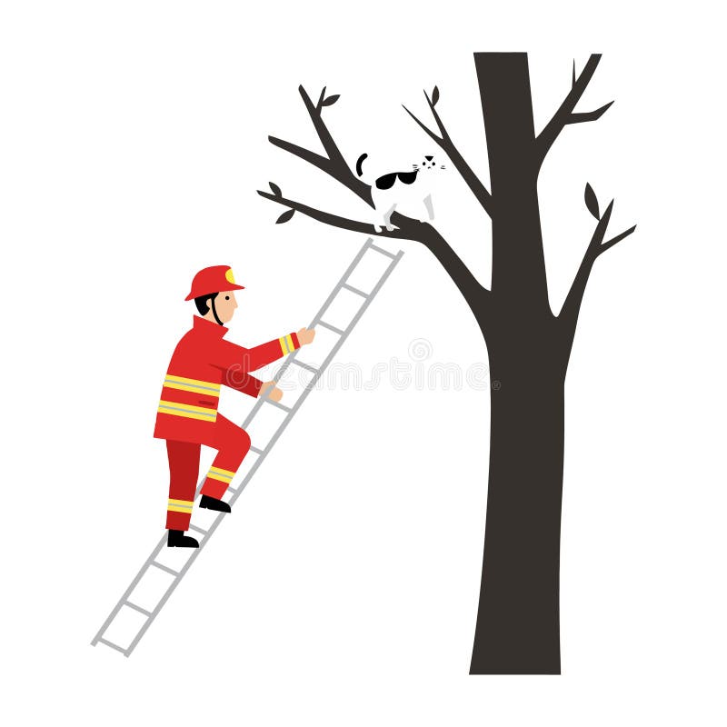 Firefighter Rescuing a Cat from a Tree in Flat Vector Art Stock Vector ...