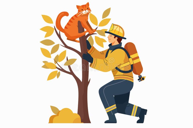 Firefighter Rescuing a Cat from a Tree Isolated Stock Vector ...