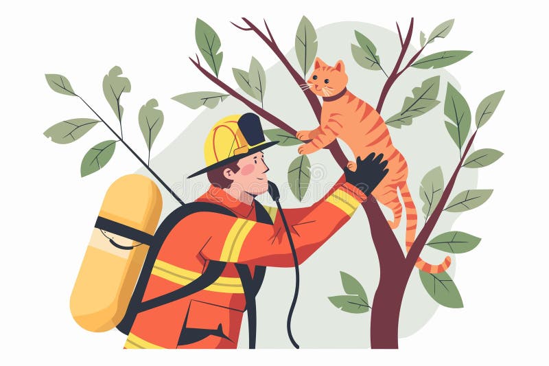 Firefighter Rescuing a Cat from a Tree Isolated Stock Vector ...