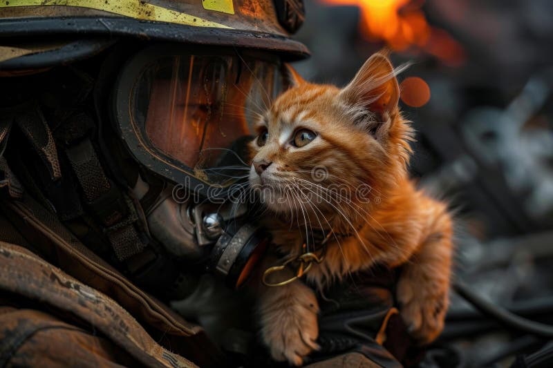 Firefighter Rescuing Kitten from Blaze Stock Photo - Image of hazardous ...