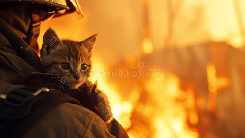 Firefighter Rescuing Kitten from Burning Inferno in Dramatic Scene ...
