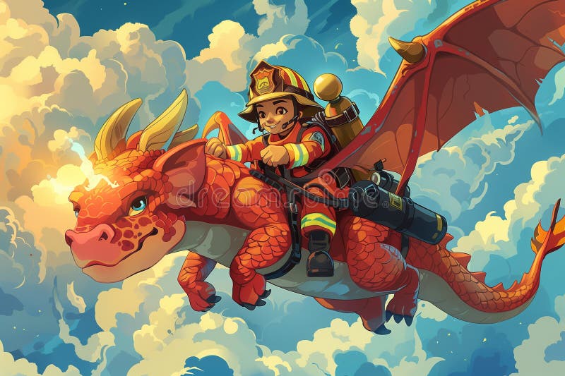 Firefighter Riding a Dragon in the Sky at Sunset Stock Image - Image of ...