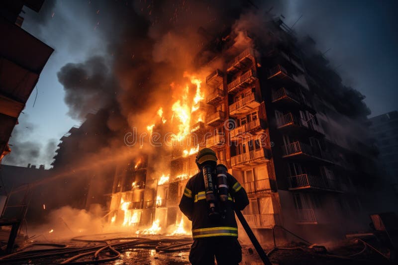 Firefighter in Safety Uniform Extinguishes a Burning House. Stock Image ...