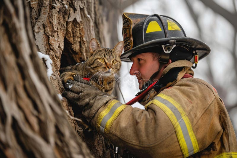 A Firefighter Saving a Cat from a Tree, AI Generated Stock Illustration ...