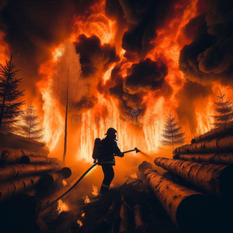 Firefighter Silhouette Amidst Huge Flames, Fighting a Timber Fire Stock ...