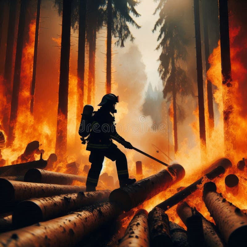 Firefighter Silhouette Amidst Huge Flames, Fighting a Timber Fire Stock ...