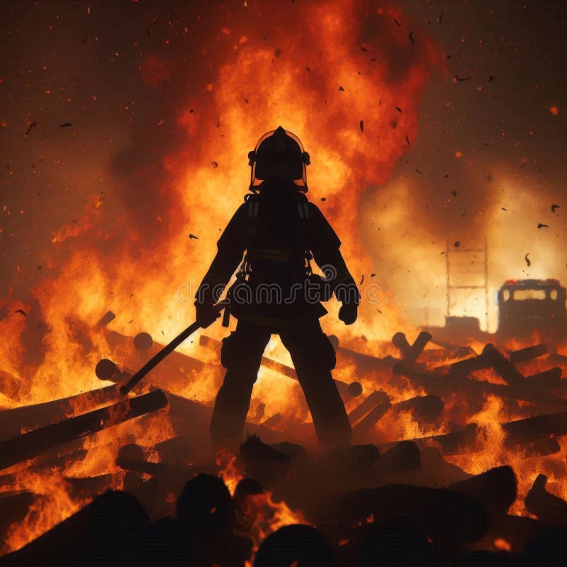 Firefighter Silhouette Amidst Huge Flames, Fighting a Timber Fire Stock ...