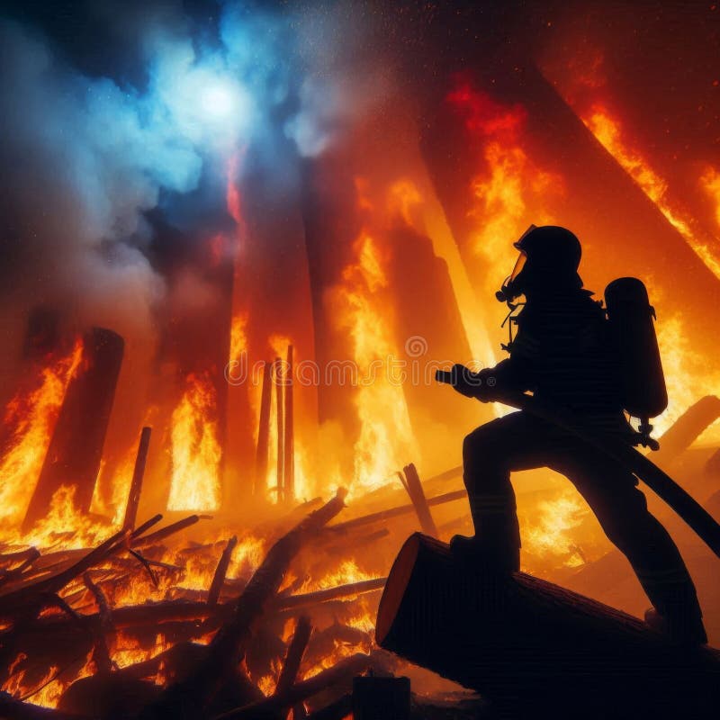 Firefighter Silhouette Amidst Huge Flames, Fighting a Timber Fire Stock ...
