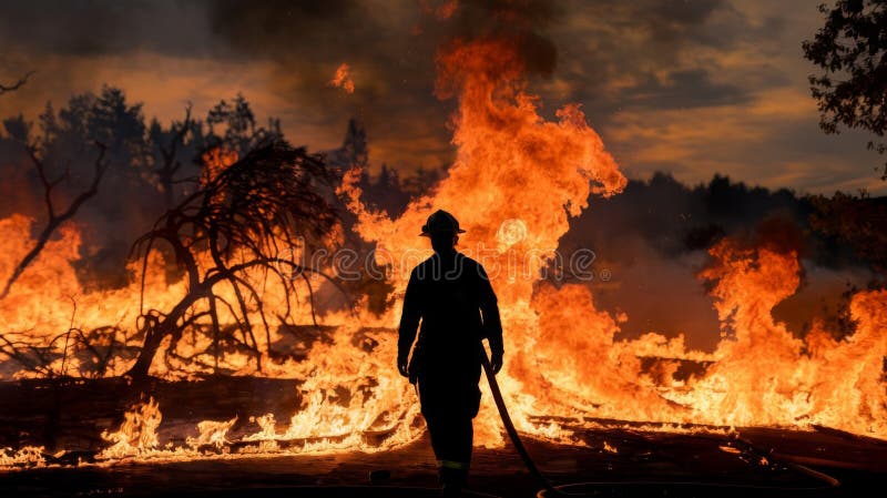 Firefighter Silhouette Amidst Huge Flames, Fighting a Timber Fire Stock ...