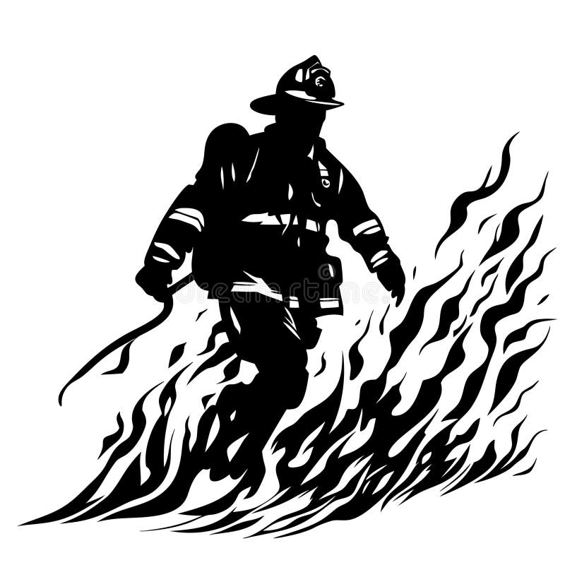 Firefighter Silhouette Vector with Flames for Safety and Emergency ...