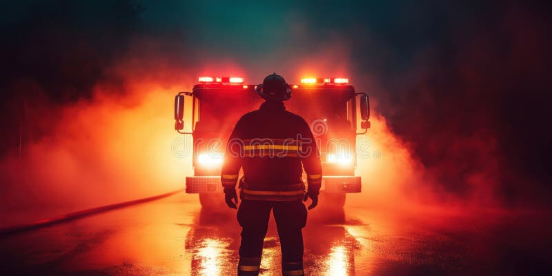 Firefighter Silhouetted Against Glowing Fire Truck, Dramatic Smoke and ...