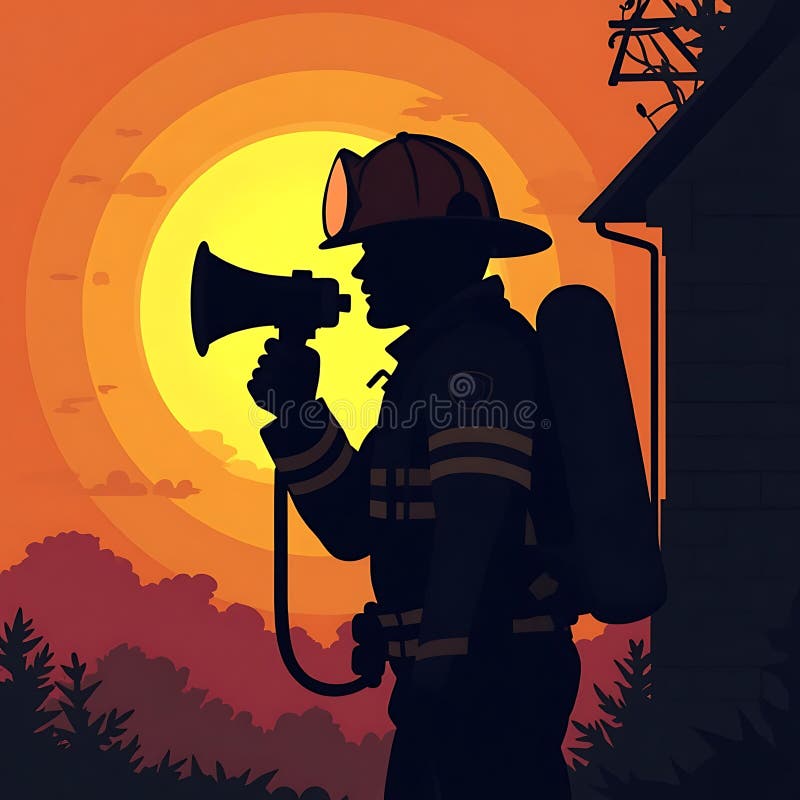 Firefighter Speaking into Megaphone Silhouette at Sunset Stock ...