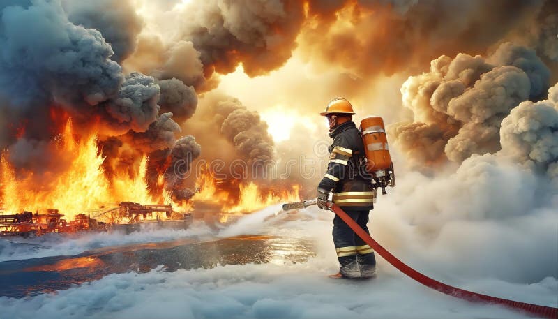 A Firefighter Spraying Water on a Blazing Fire with Thick Smoke. Stock ...