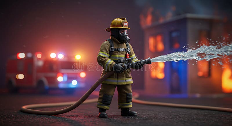 Firefighter Spraying Water at Burning Building with Fire Engine Behind ...