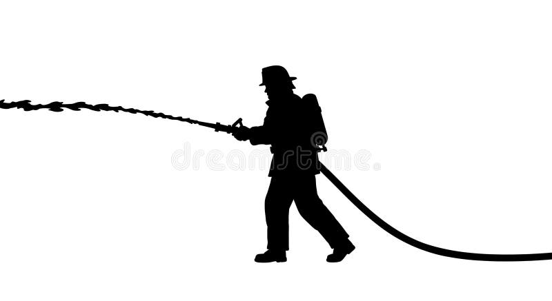 Firefighter Spraying Water from Hose in Active Fire Control Silhouette ...
