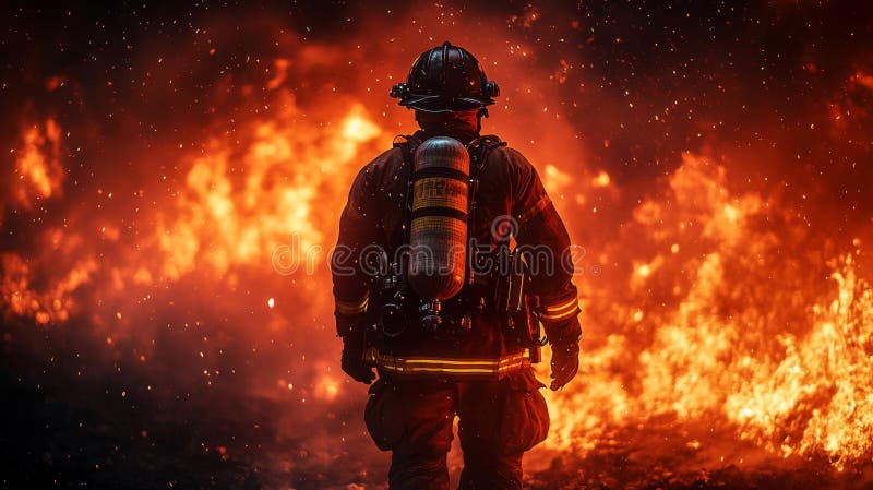 Firefighter Standing Brave in Front of Intense Flames during Emergency ...