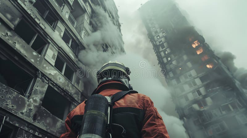 A Firefighter is Standing in Front of a Building that is on Fire ...