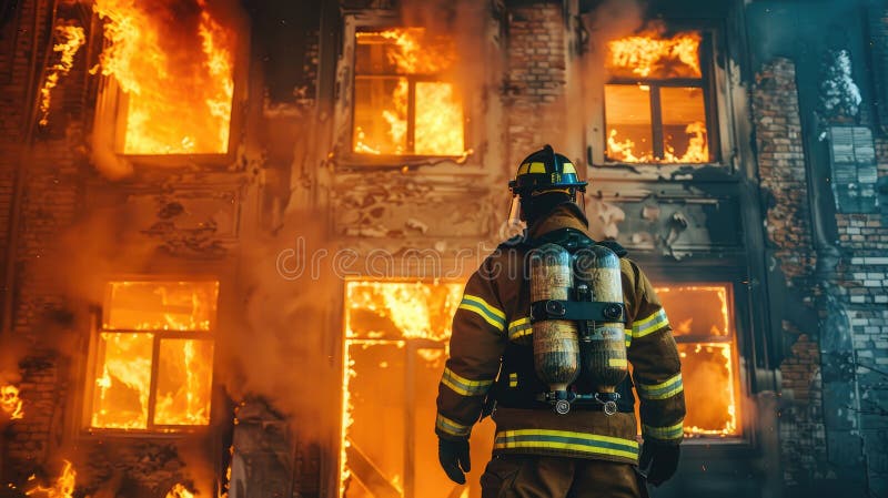 A Firefighter is Standing in Front of a Burning Building Stock ...
