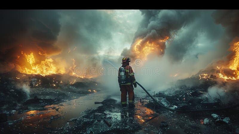 A Firefighter is Standing in Front of a Burning Building Stock Image ...