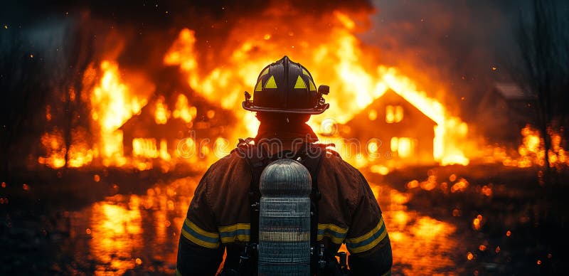 Firefighter Standing Front Burning House Stock Photos - Free & Royalty ...