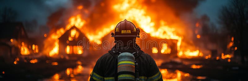 A Firefighter is Standing in Front of a Burning House Stock Photo ...