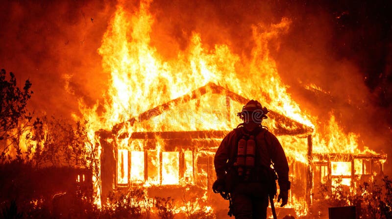 Firefighter Standing in Front of a Burning House Stock Illustration ...