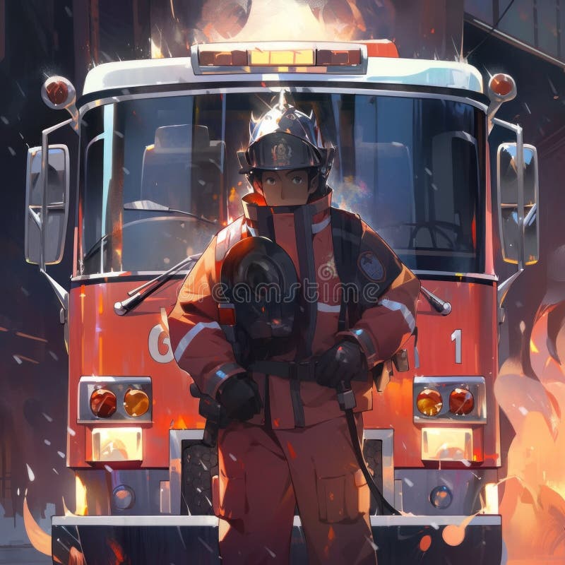 Firefighter Standing in Front Firestation with Firetruck Stock ...