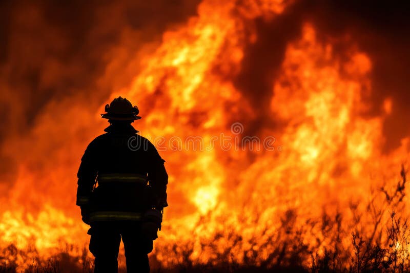 Firefighter Standing in Front of Huge Burning Wildfire Stock ...