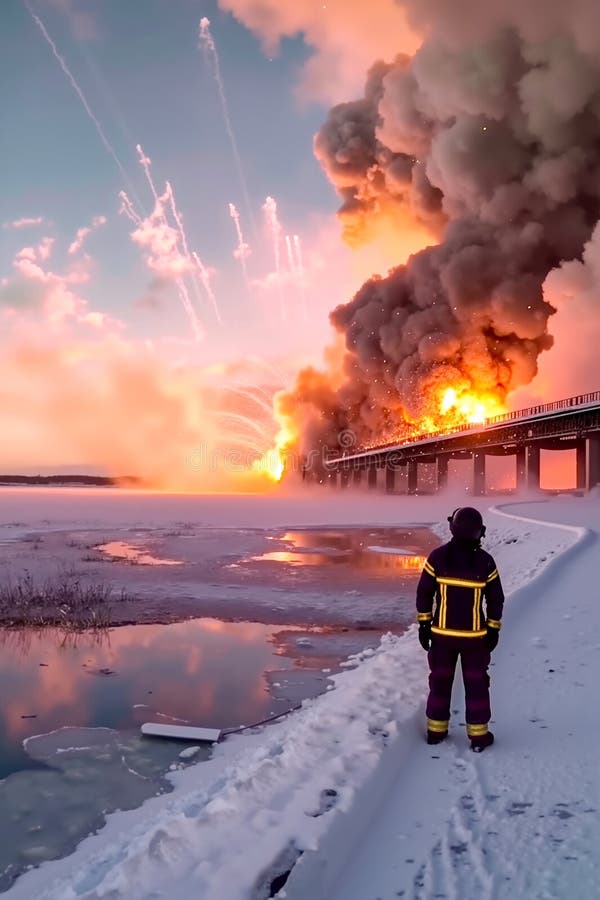 A Firefighter Standing in Front of a Large Fire on a Bridge Stock Image ...