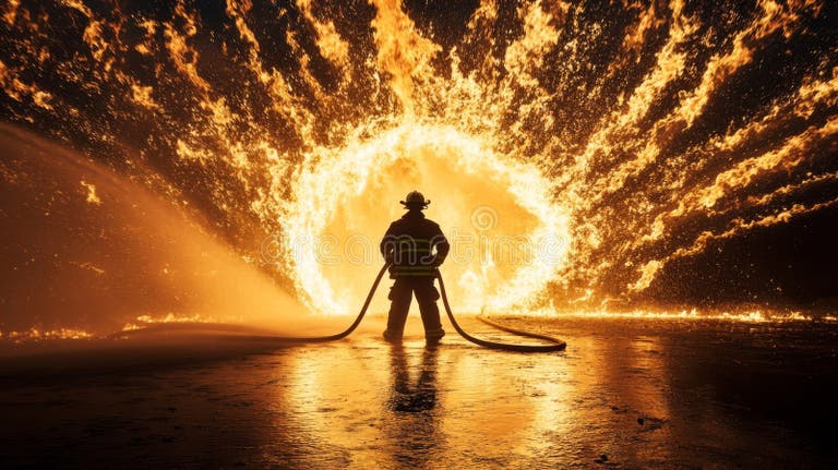 A Firefighter Stands Bravely in Front of a Blazing Fire. the Intense ...