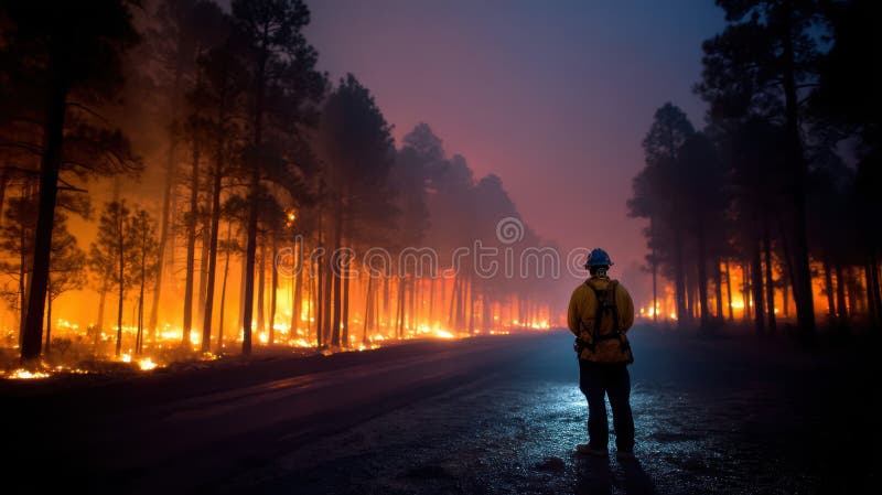Firefighter Stands before Forest Fire, Silhouetted by Intense Flames ...