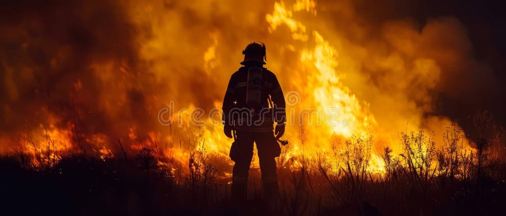 Firefighter Stands in Front of Large Wildfire Stock Photo - Image of ...