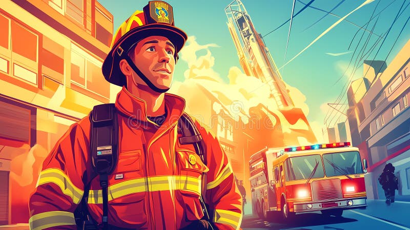 A Firefighter Stands Heroically in Front of a Burning Building and Fire ...