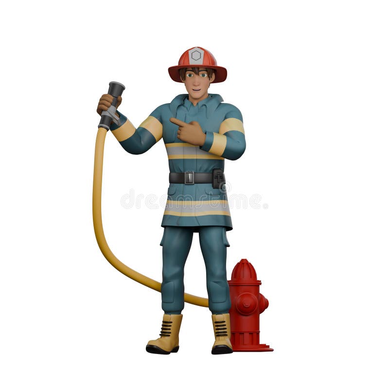 A Firefighter Stands Holding a Fire Extinguisher Connected To a Red ...
