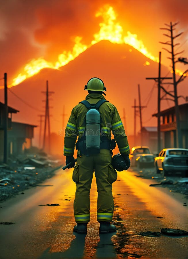 A Firefighter Stands in the Middle of an Asphalt Road Stock ...