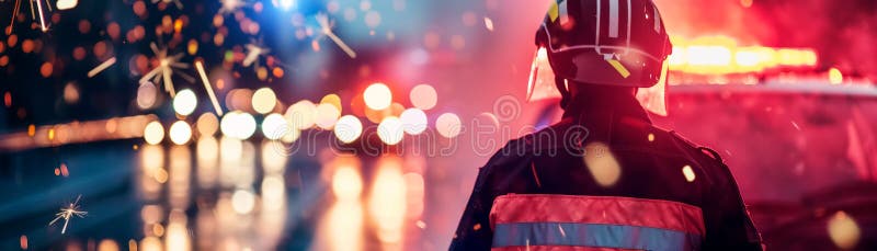 Firefighter Stands in Rain, Illuminated by Emergency Lights, Ready for ...