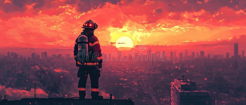 Heroic Firefighter Overlooking City Skyline Stock Illustration ...