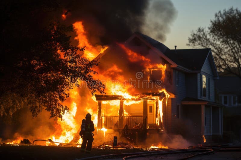 Firefighter in Suit Spraying Water on House. Generative AI Stock ...