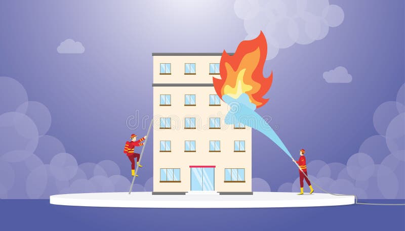 Firefighter Team Work on Fire Building with Water Splash Concept with ...