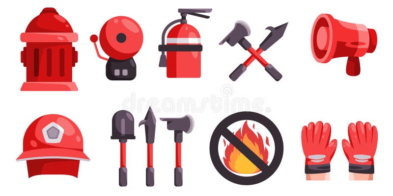 Firefighter Tools Collection Set Icon Objects No Fire Sign Megaphone ...