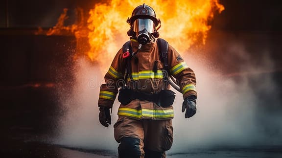 Firefighter Training., Fireman Using Water and Extinguisher To Fighting ...