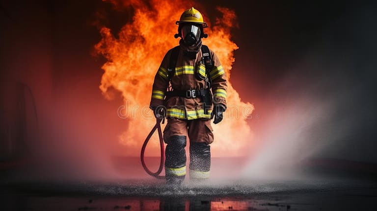 Firefighter Training., Fireman Using Water and Extinguisher To Fighting ...