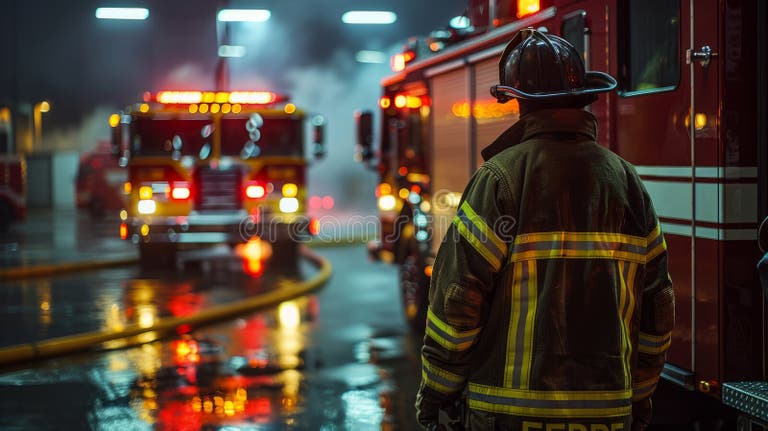 Firefighter in Uniform with Fire Trucks at Night during Emergency ...