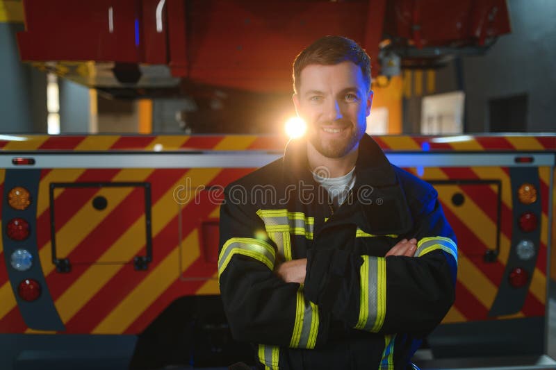 Firefighter in Uniform and Helmet Near Fire Engine Stock Image - Image ...