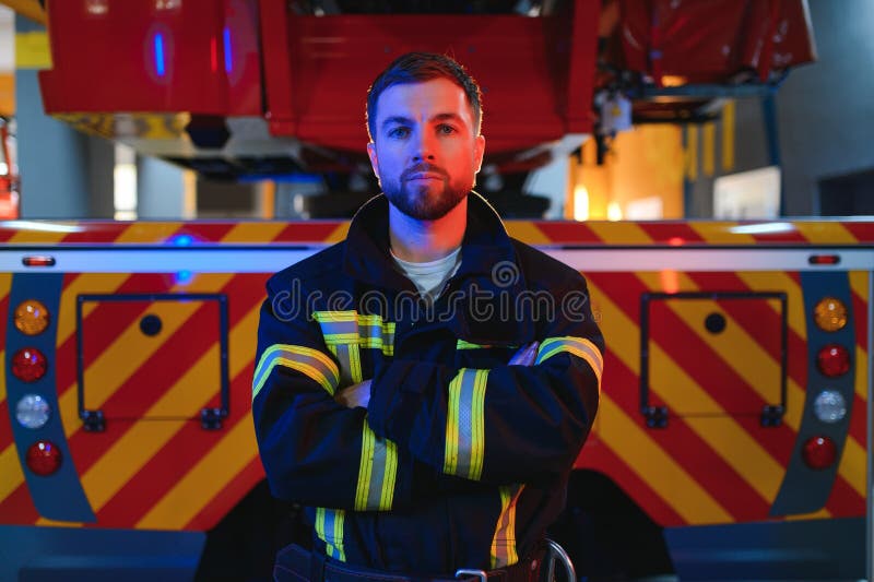 Firefighter in Uniform and Helmet Near Fire Engine Stock Photo - Image ...