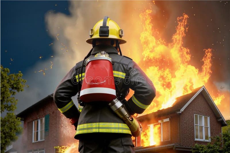 Firefighter in Uniform and Helmet View from the Back Against the ...