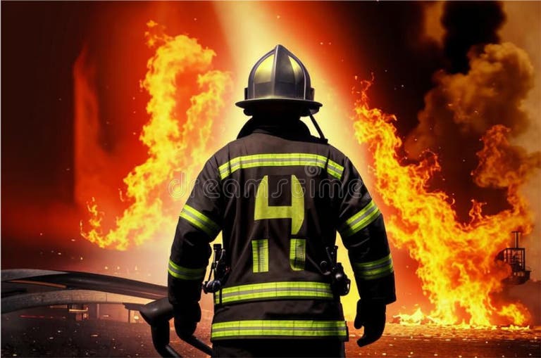 Firefighter in Uniform and Helmet View from the Back Against the ...